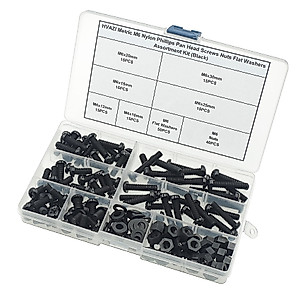 HVAZI Metric M6 Nylon Phillips Pan Head Screws Nuts Flat Washers Assortment Kit (Black)