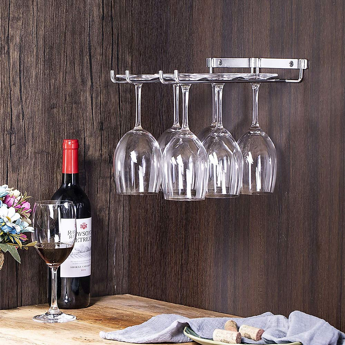 Stemware Wine Glass Rack Wall Mountable Heavy Duty Thick Wrought Exquisite silver chrome 2 Rows 10.2 Inch Deep,Metal Storage Hanger for Kitchen or Bar