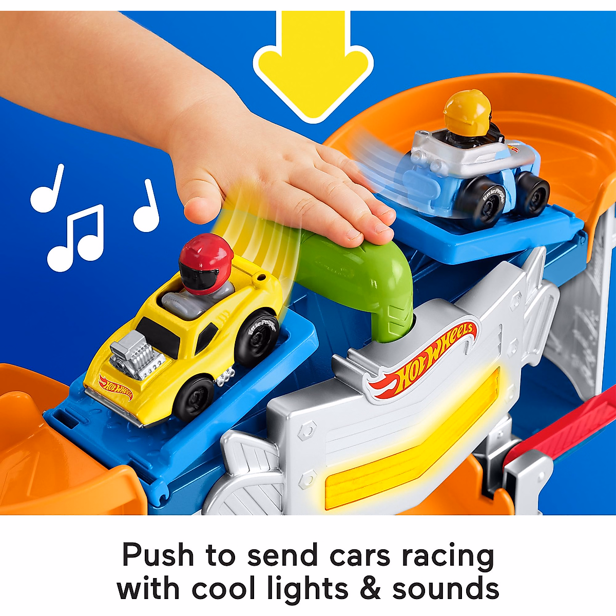 Fisher-Price Little People Hot Wheels Toddler Playset Race and Go Track Set with Lights Sounds & 2 Toy Cars for Ages 18+ Months