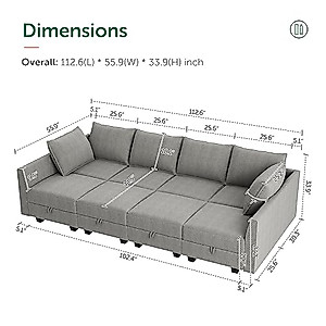 HONBAY Modular Sectional Sofa Bed with Ottomans U Shape Modular Couch Sectional Sleeper Modular Sofa with Storage Seats, Grey