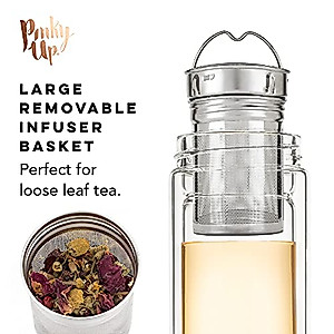Pinky Up Blair Loose Leaf Tea Travel Infuser Mug, Double-Walled Glass and Stainless Steel with Bamboo Lid, 16 oz, Clear