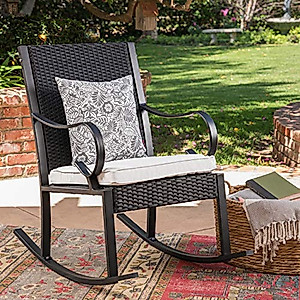 Christopher Knight Home Muriel Outdoor Wicker Rocking Chair, Black/White Cushion