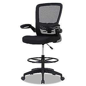 Drafting Chair Tall Office Chair Mid-Back Mesh Ergonomic Computer Chair High Adjustable Standing Desk Chair with Lumbar Support Adjustable Foot Ring and Flip-Up Arms (Black)