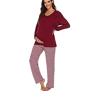 Ekouaer Maternity Nursing Pajama Set Long Sleeves Breastfeeding Sleepwear Soft Hospital Pregnancy pjs Sets L Wine Red