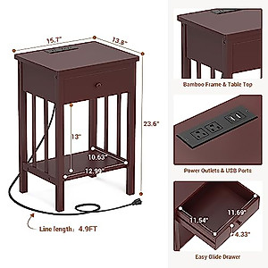 Homykic Nightstand with Charging Station, Bamboo Nightstands Sets of 2, Wood Bedside Table with USB Ports and Outlets, End Table Side Table with Drawer and Storage Shelf for Bedroom, Espresso
