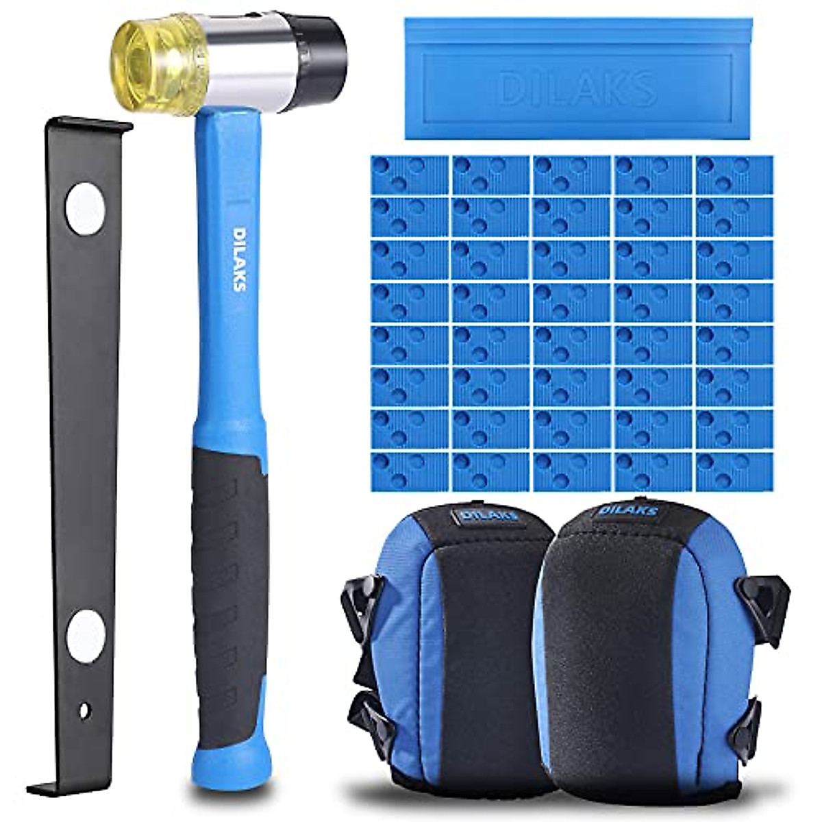 DILAKS Laminate Wood Flooring Installation Kit with 40 Spacers, Solid Tapping Block, Heavy Duty Pull Bar, Reinforced Double-Faced Mallet and 1 Pair Knee Pads