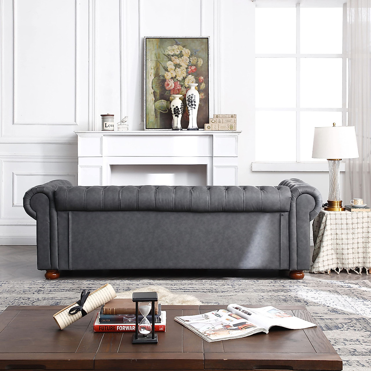 Chesterfield 3 Seater Faux Leather Sofa, Button Tufted Upholstered Couch with Nailhead Arms Removable Cushions Rubber Wood Legs for Living Room Office Apartment (Dark Gray)