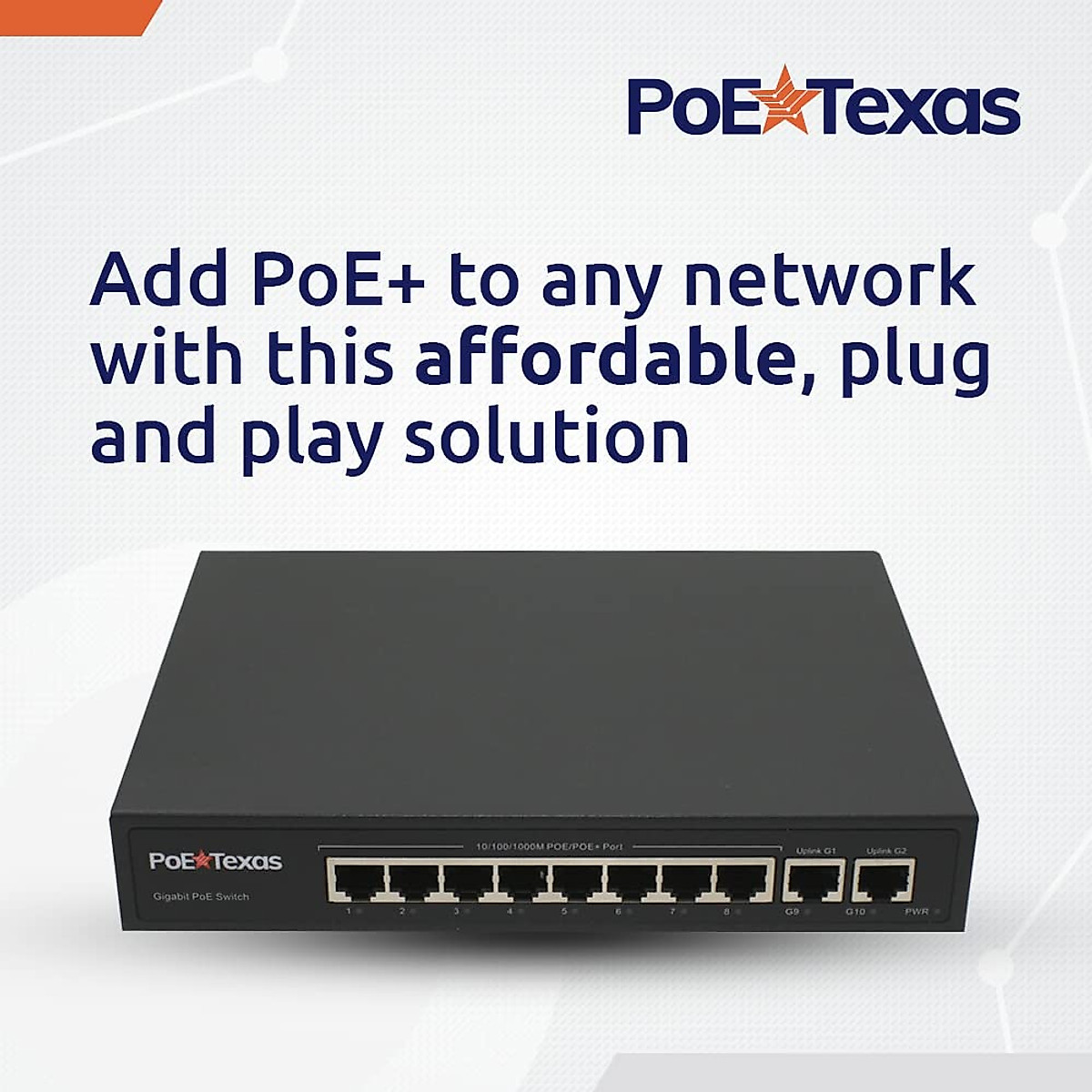 PoE Texas 8 Port PoE Switch - 802.3af/at Power Over Ethernet with 8 PoE+ Ports, 2 LAN Uplink, VLAN & Extender - 120W High Speed Unmanaged Wired Network Switch - Security Camera, Video & More