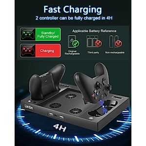 Lictin Cooling Fan Charging Station for Xbox Series X Console & Controller, Upgraded 4 Cooler Fan System Stand, Vertical Dual Charger Station Dock Accessories with 2 x 1400mAh Rechargeable Battery