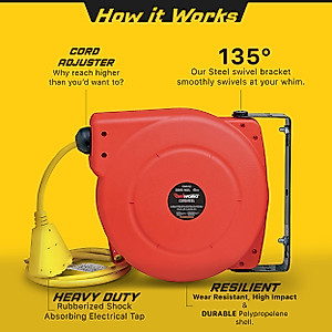 ReelWorks Retractable Extension Cord Reel Polypropylene 12AWG x 40' Foot Industrial Commercial Grade 3C SJT Cable Triple Tap Connector 15A 125VAC 1875W 60Hz Current Interrupter Best for Indoor Use