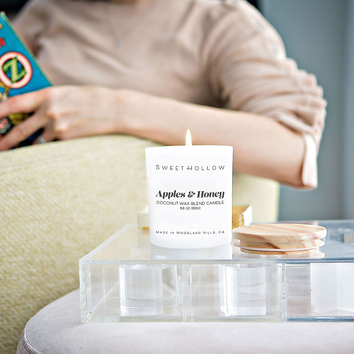 SweetHollow Apples and Honey Luxury Candle in White Jar with Wood Lid, Rosh Hashana and Jewish Holiday Gift, Highly Scented & Long Lasting Coconut Wax, Fall and Winter Fragrance for Home, Large