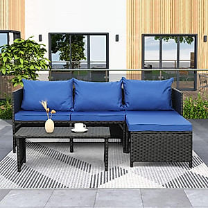 Valita 3-Piece Outdoor PE Rattan Furniture Set Patio Black Wicker Conversation Loveseat Sofa Sectional Couch Royal Blue Cushion
