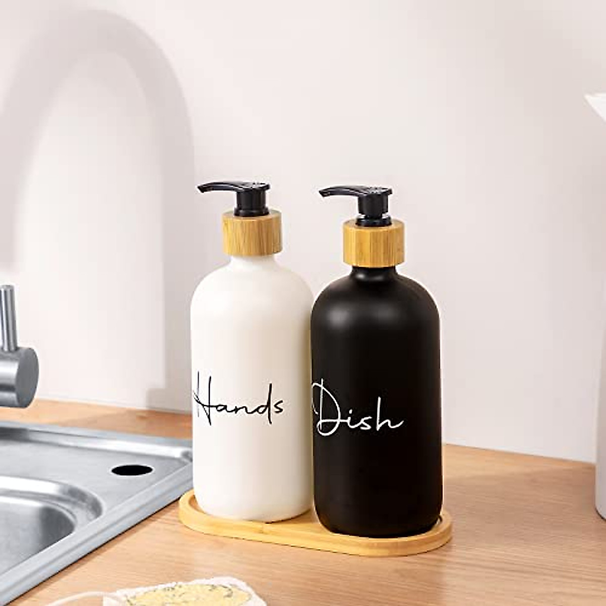 17 oz Hand Soap Dispenser Empty Glass Lotion Pump Bottles, Refillable Liquid Dish Soap Bottles for Bathroom Decor, Kitchen Sink, Matte Design and Wood Tray, Pack of 4