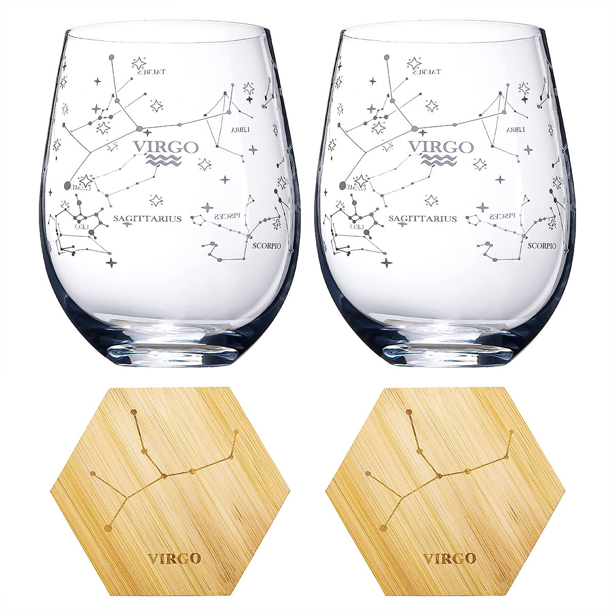 The Wine Savant Set of 2 Zodiac Sign Wine Glasses with 2 Wooden Coasters Astrology Drinking Glass Set with Etched Constellation Tumblers for Juice, Water Home Bar Horoscope Gifts 18oz (Virgo)