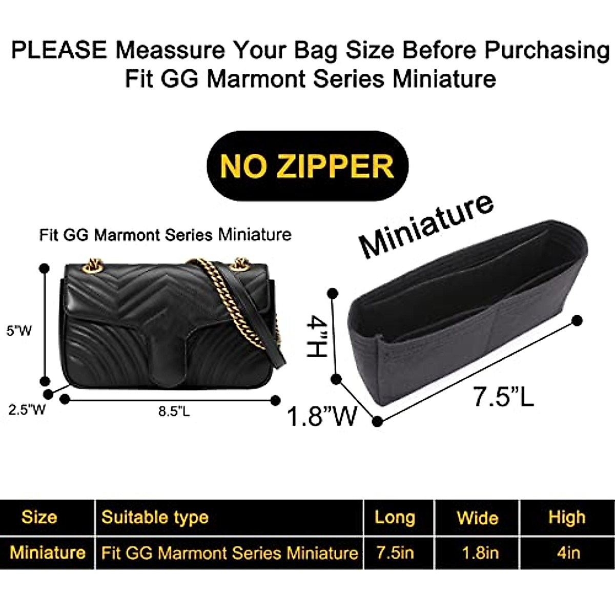 OAikor Felt Mini Purse Organizer Insert for GG Marmont Matelasse Shoulder Bag/MK Jet Set Large Saffiano Handbag Organizer Tote Liner/MJ Snapshot Pouch/TB Mini Miller Inner Bag and More (Mini, Black)