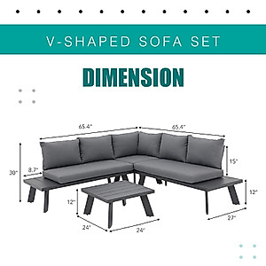 Soleil Jardin 4-Piece Outdoor Patio Furniture Set L-Shaped Aluminum Sectional Sofa with Coffee Table All-Weather Patio Conversation Set with Cushions, Dark-grey
