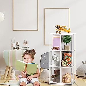 Wesiti 360 Degree 31.1 in Tall Rotating Bookshelf 3 Tier Floor Standing Bookcase with Acrylic Windows Spinning Plywood Storage Book Tower Revolving Bookcase for Kids Classroom Playroom Bedroom, White