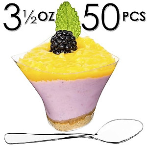DLux 50 x 3.5 oz Mini Dessert Cups with Spoons, Small Swirl - Clear Plastic Parfait Appetizer Cup - Small Reusable Serving Bowl for Tasting Party Desserts Appetizers - With Recipe Ebook