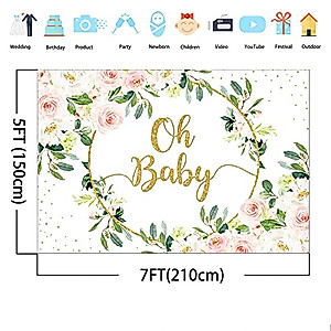 Avezano Oh Baby Shower Backdrop Pink Flower Baby Shower Gold Dots Background Girls Blush Floral Baby Shower Party Decorations Photo Shoot Props (7x5)