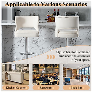 ABET Adjustable Bar Stools Set of 2, Velvet Swivel Counter Barstools with Hollow Back Footrest Soft Upholstered Bar Chairs for Kitchen Island Dining Room Home Bar Bistro, Beige, Chrome Base