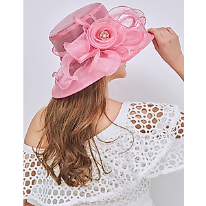 TLMNU Organza Fascinator Hat - Women¡¯s Wide Brim Church Bridal Tea Party Wedding Hat 03Rose