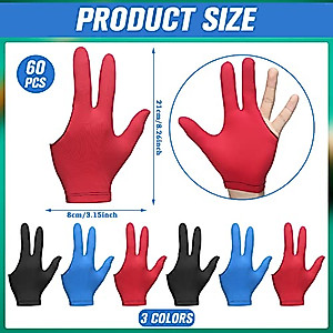 Libima 60 Pcs Billiard Pool Gloves 3 Fingers Billiard Gloves Left and Right Hand Billiard Gloves Universal Cue Sports Gloves for Women Men Billiard Shooters Accessories (Red, Blue, Black)