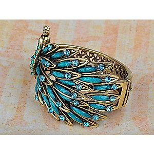 Alilang Womens Antique Golden Tone Peacock Bracelet Bangle With Turquoise Blue Gems, Blue