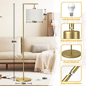 CNXIN Floor Lamp for Living Room with 3 Color Temperatures Standing Lamp with Adjustable Beige Linen Lampshade Tall Lamps for Bedroom Office Classroom Dorm Room, 9W LED Bulb Included, Gold