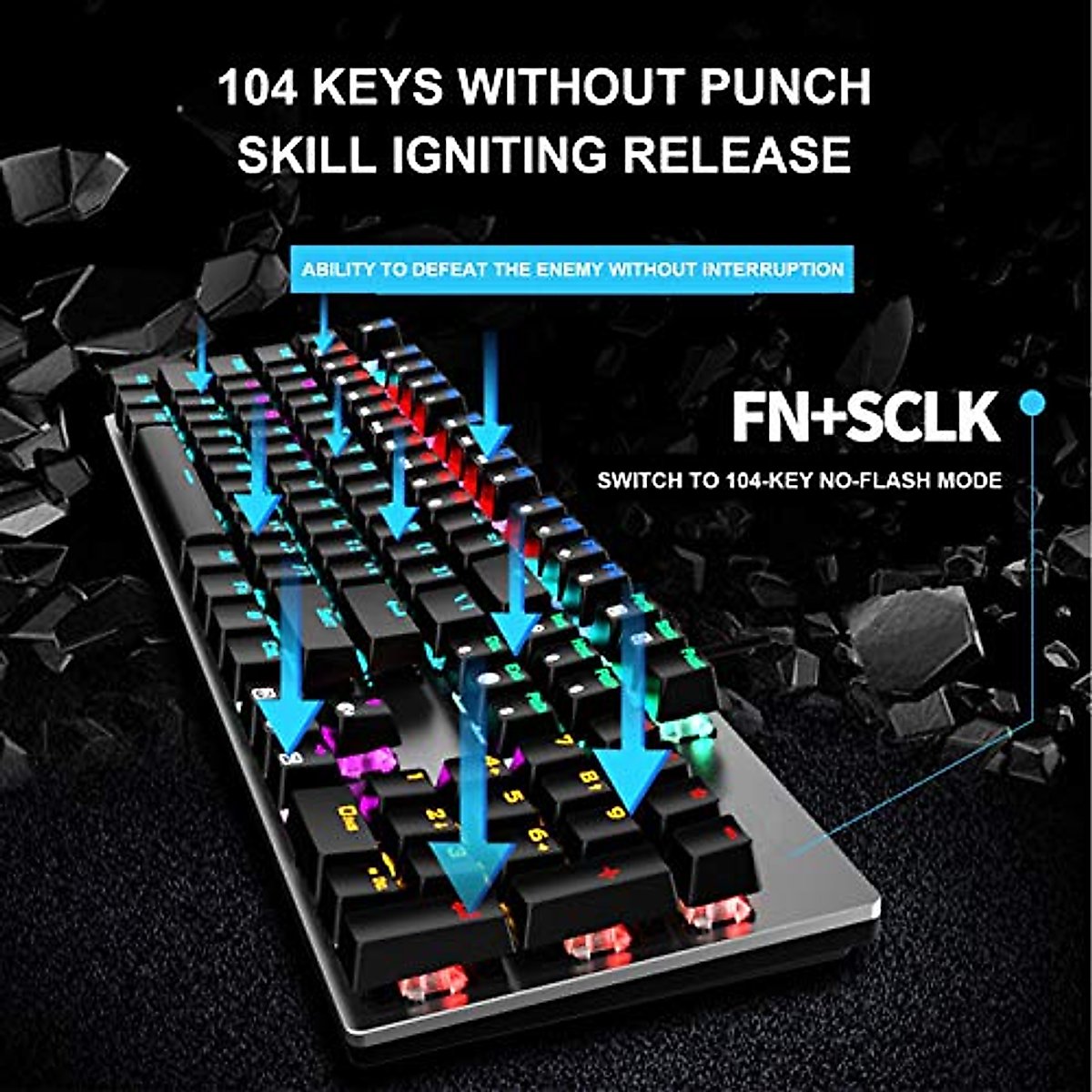 NBSXR -Manipulator keyboard with full keys without punching, metal panel, high-low key layout, 104-key dustproof USB interface, rainbow gaming keyboard,Green