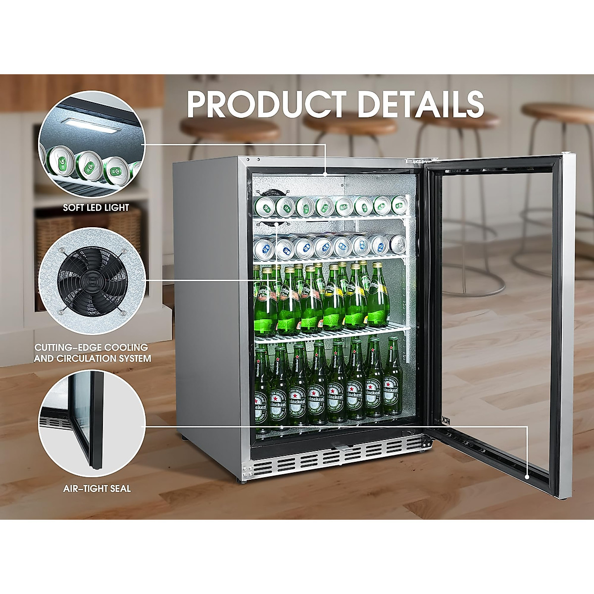 HCK 24 inch Freestanding/Built-in Beverage Cooler Refrigerator with 5.12 cu. ft. 161 cans Capacity, Undercounter refrigerators Reversible Glass Door and Stainless Steel Body for Soda Beer and Wine