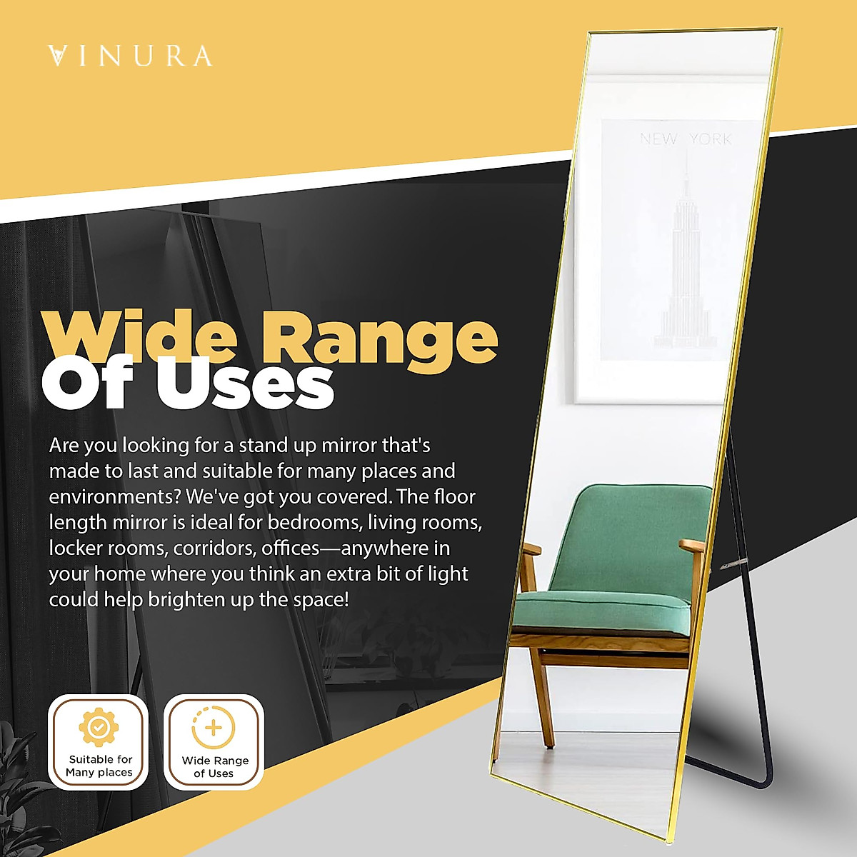 VENERA Floor & Full Length Mirrors - Sturdy Full Length Body Mirror - White Aluminum Framed Full Length Mirror with Stand for Bedroom - 65” Modern and Tall Bedroom Mirror with Stand