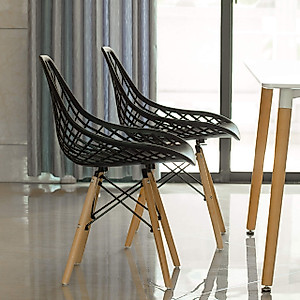 Fabulaxe Mid-Century Modern Style Plastic DSW Shell Dining Chair with Lattice Back and Wooden Dowel Eiffel Legs, Black