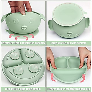 LOKEISNA Silicone Baby Feeding Set 6+ Months, Baby Led Weaning Feeding Supplies, Strong Suction Bowl & Suction Plate, Adjustable Bibs, 4-in-1 Cup, Silicone Spoon & Fork, Food-grade Silicone (Green)