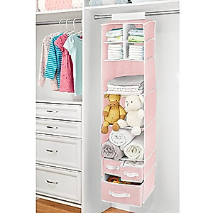 mDesign Fabric Hanging Organizer - Over Closet Rod Storage - 7 Shelves/3 Removable Drawers for Baby Nursery or Bedroom Organization, Holds Clothes, Toys, Accessories, Jane Collection, Pink/White
