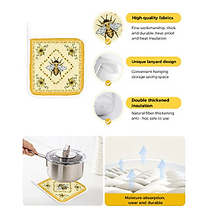 Retro Farm Honeybee Sunflower Potholders for Kitchen Set of 4, Heat Proof Pot Holder Vintage Yellow Washable Oven Hot Pads Potholder for Cooking Baking