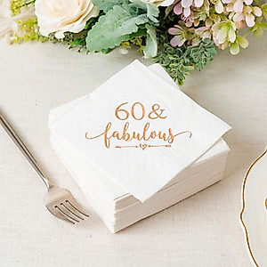 Crisky 60 and Fabulous Cocktail Napkins Rose Gold for Women 60th Birthday Decorations, 60th Birthday Bevergae Dessert Table Supplies, 50Pcs, 3-Ply