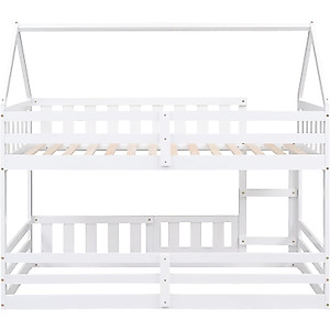 MERITLINE House Bunk Bed with Fence and Door, Wood Kids Bunk Beds Twin Over Twin with Roof, Floor Bunk Bed Loft Beds for Girls Boys, Easy Assembly, White