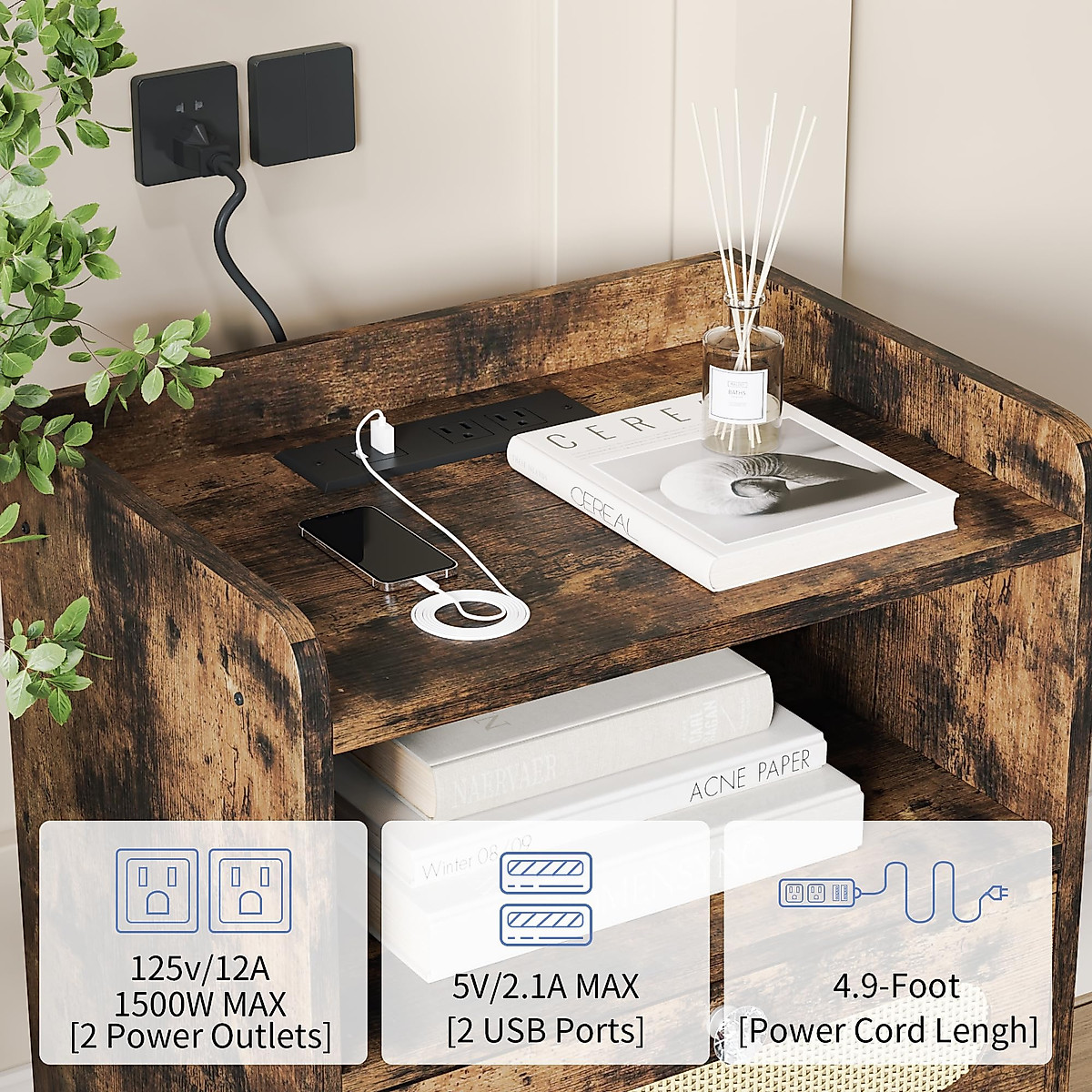 AGDULL Diamond Handle Nightstands Set of 2 with Charging Station, Bedside Table with Solid Wood Legs, End Table with Rattan Drawer, Rustic Brown