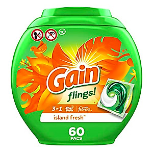 Gain flings! Laundry Detergent Soap Pacs HE Compatible 60 ct Long Lasting Scent Island Fresh