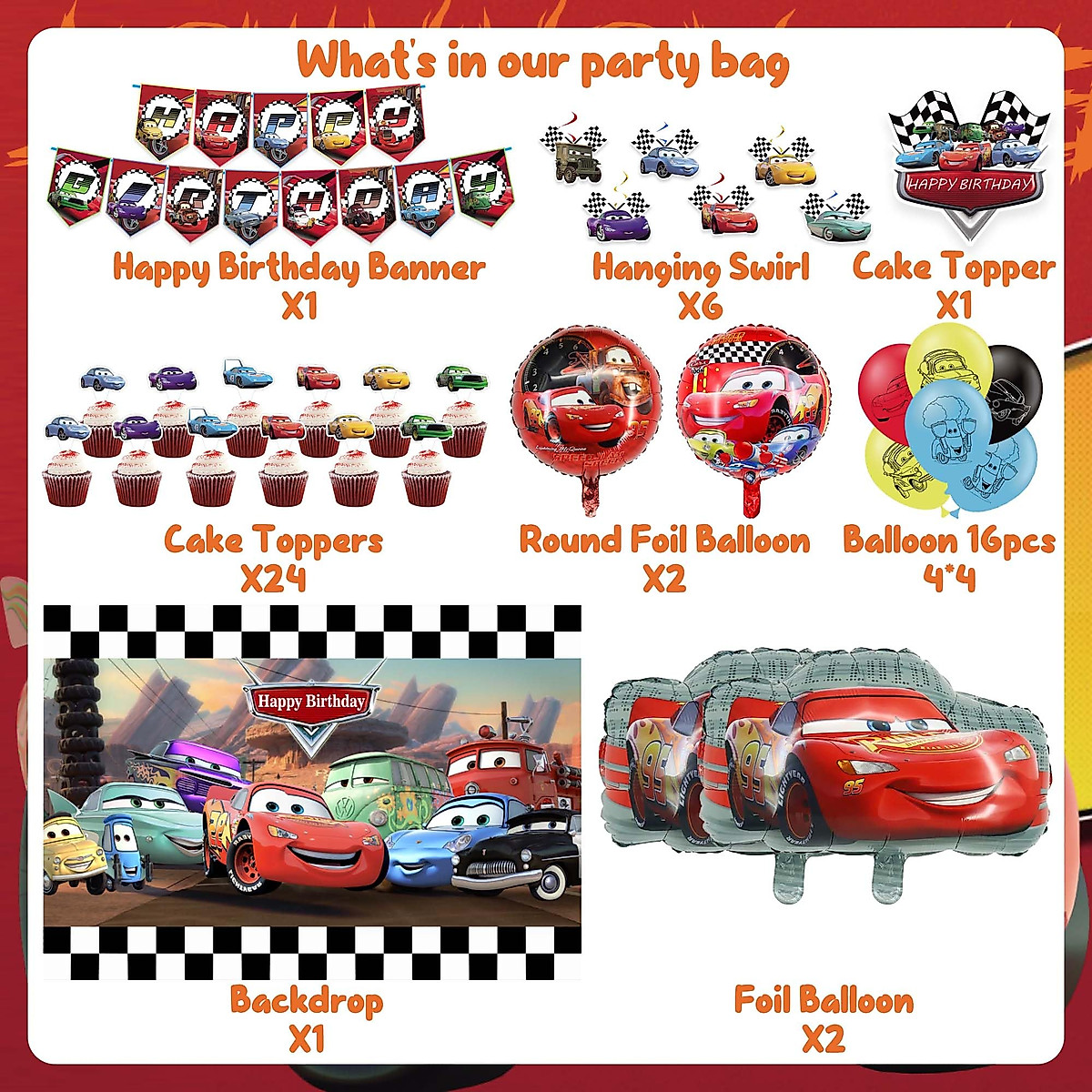 Cars Birthday Party Supplies, Lightning McQueen Birthday Party Supplies Include Banner, Foil Balloons, Backdrop, Cupcake Toppers for Lightning McQueen Cars Birthday Party Favor