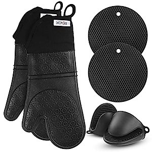 RFAQK Oven Mitts and Pot Holders Sets- Extra Long Silicone Oven Mitts, Oven Mitts Heat Resistant with Quilted Soft Liner and Mini Oven Mittens Sets for Kitchen, Baking, Grill and BBQ (Black)