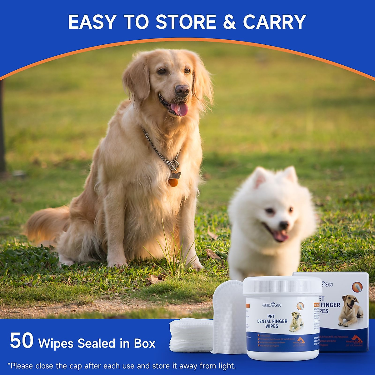 CEMOON Pet Teeth Cleaning Finger Wipes for Dogs & Cats, Freshens Breath by Reducing Plaque and Tartar, Disposable Dental & Gum Care Pet Wipes, No-Rinse Teeth Cleaning Dog Finger Toothbrush, 50 Count