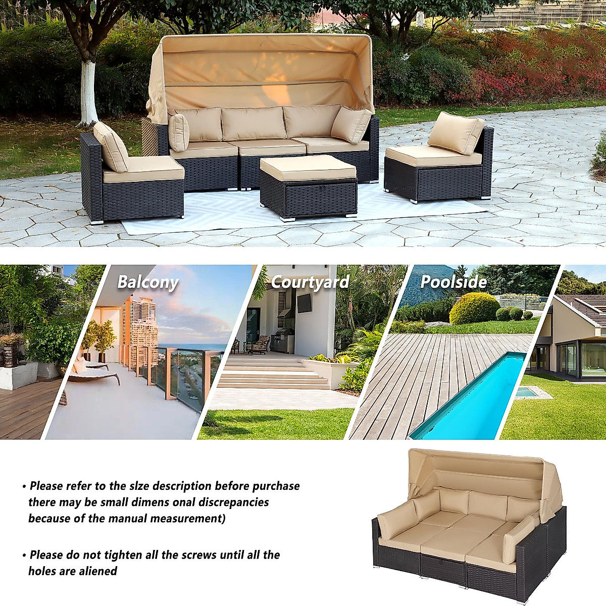 MAGIC UNION 6 Pieces Patio Furniture Sets Daybed with Retractable Canopy, Outdoor Rattan Sectional Sofa Set, Wicker Patio Seating Chairs with Adjustable Backrest for Backyard,Garden,Poolside (Khaki)