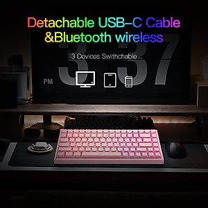 OKKID Wireless Mechanical Keyboard 60%, Bluetooth Wired Gaming Keyboard, Blue Switches, RGB Backlight, CQ84 Wired Keyboard, Compact 84 Keys, for Windows Computers, Tablets, Smartphone