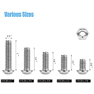 DYWISHKEY 60 Pieces 1/4-20 x 3/8" 1/2" 5/8" 3/4" 1" Stainless Steel 304 UNC Threads Hex Button Head Cap Screws Bolts and Nuts Assortment Kit with Hex Wrench