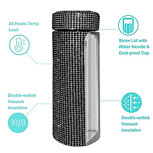 Bling Crytal 17oz Insulated Water Bottle with Strainer,Stainless Steel Thermal Bottle,Leak-Proof Double Walled Vacuum Insulated ,Diamond vacuum flask for woman to Travel, Picnic& Camping (black)