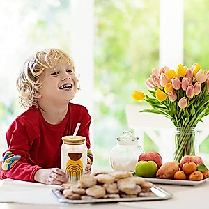 Yoiemivy 6 Pack Glass Cups with Lids and Straws, Iced Coffee Tumbler with Straw Boho Pattern Drinking Glasses16 Oz Beer Can-Shaped Glass for Iced Coffee Cola Soda Tea Juice Water