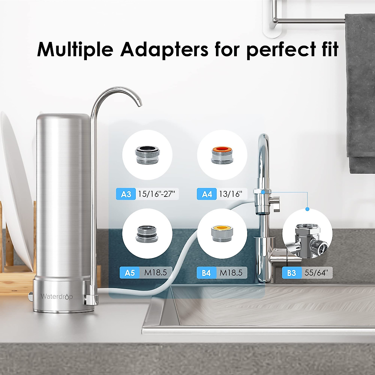 Waterdrop 5-Stage Stainless Steel Countertop Water Filter, Reduces Heavy Metals, Bad Taste, Chlorine, Up to 99% of Impurities, 2 Pack