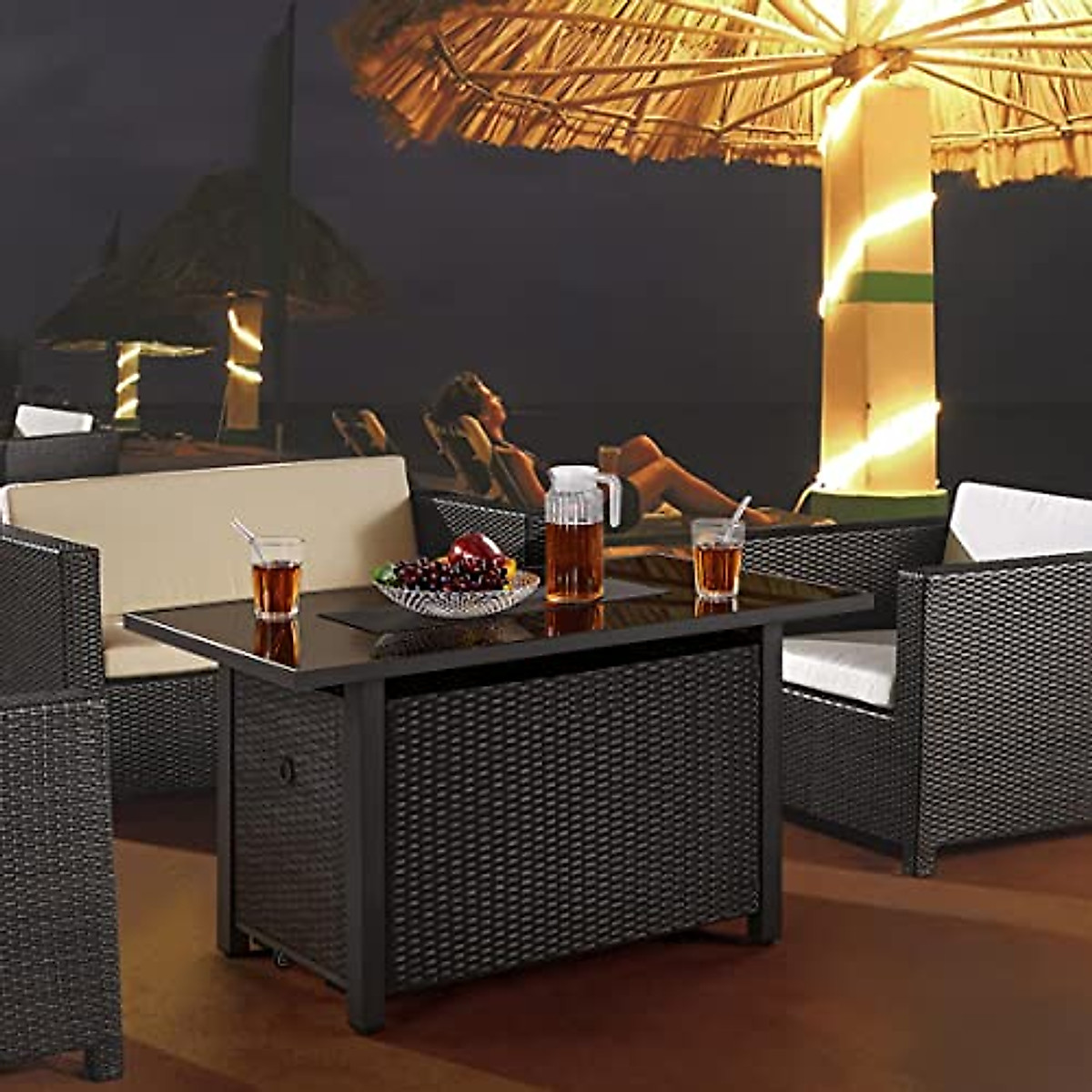 Topeakmart 43’’ Outdoor Gas Fire Pit 50,000 BTU Propane Fire Pits with Tempered Glass Tabletop, Rattan Wicker Base and Fire Glass Stones for Patio/Garden/Party, 2 in 1 Fire Table for Outdoor Heating