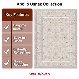 Well Woven Ushak Konya Cream 6' x 9' Area Rug for Large Living Room and Dining Room - Updated Traditional Boho Design, Easy Clean, Floor-Friendly Backing